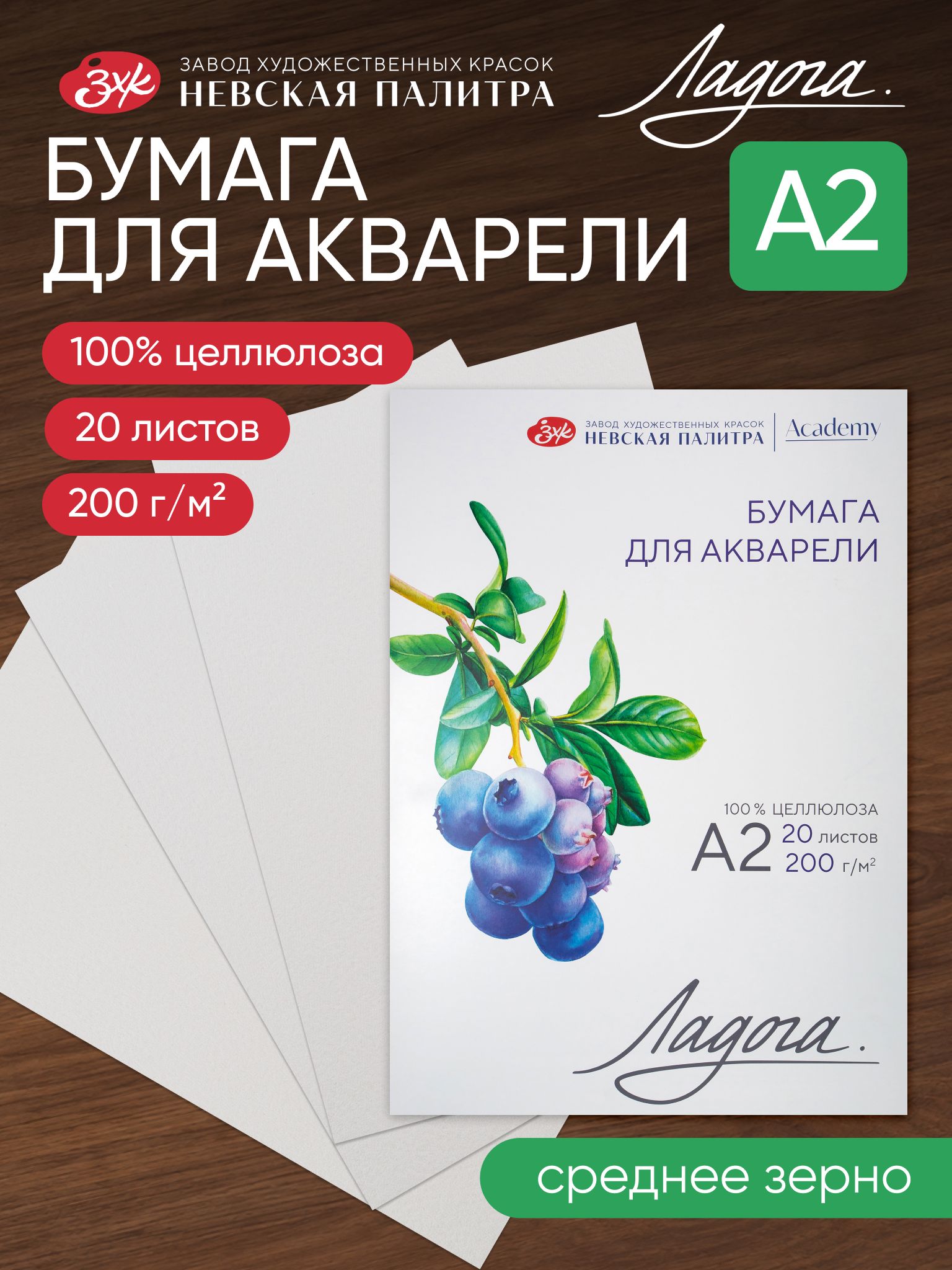 Папка с бумагой для акварели Ладога, А2, 200 г/м2, 20 л