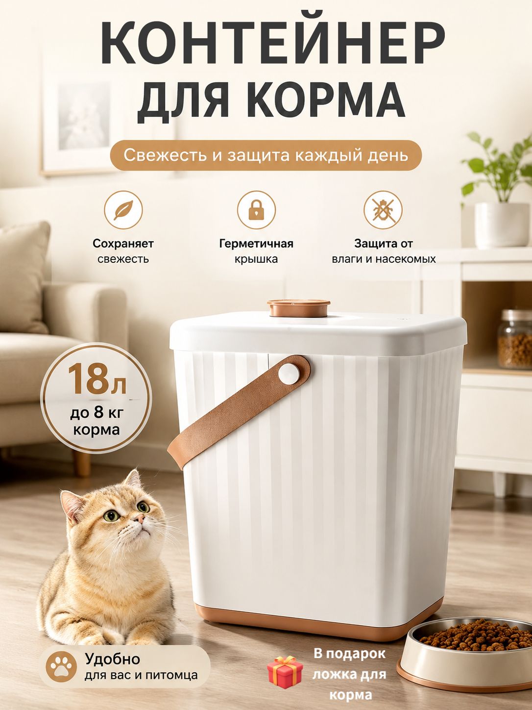 Контейнер для корма для кошек и собак 18 л, защита от насекомых и пыли, с помпой и герметичной крышкой