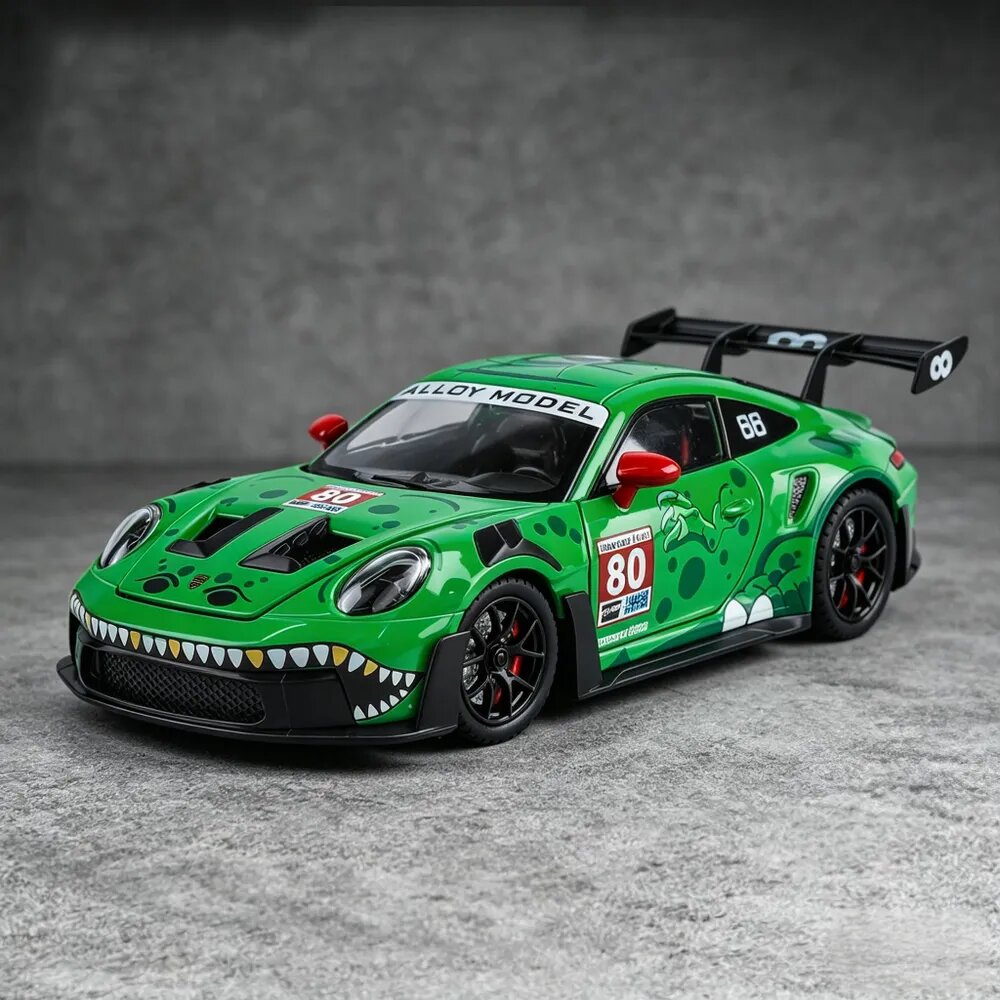 1:24 Porsche 911 GT3 RS Tyrannosaurus Rex Painted Modified Racing, Звук и свет, Детские игрушечные машинки, Праздничный подарок для друга