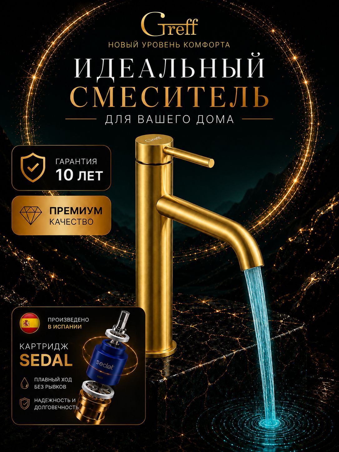 Смеситель для накладной раковины в ванную / Кран для умывальника высокий