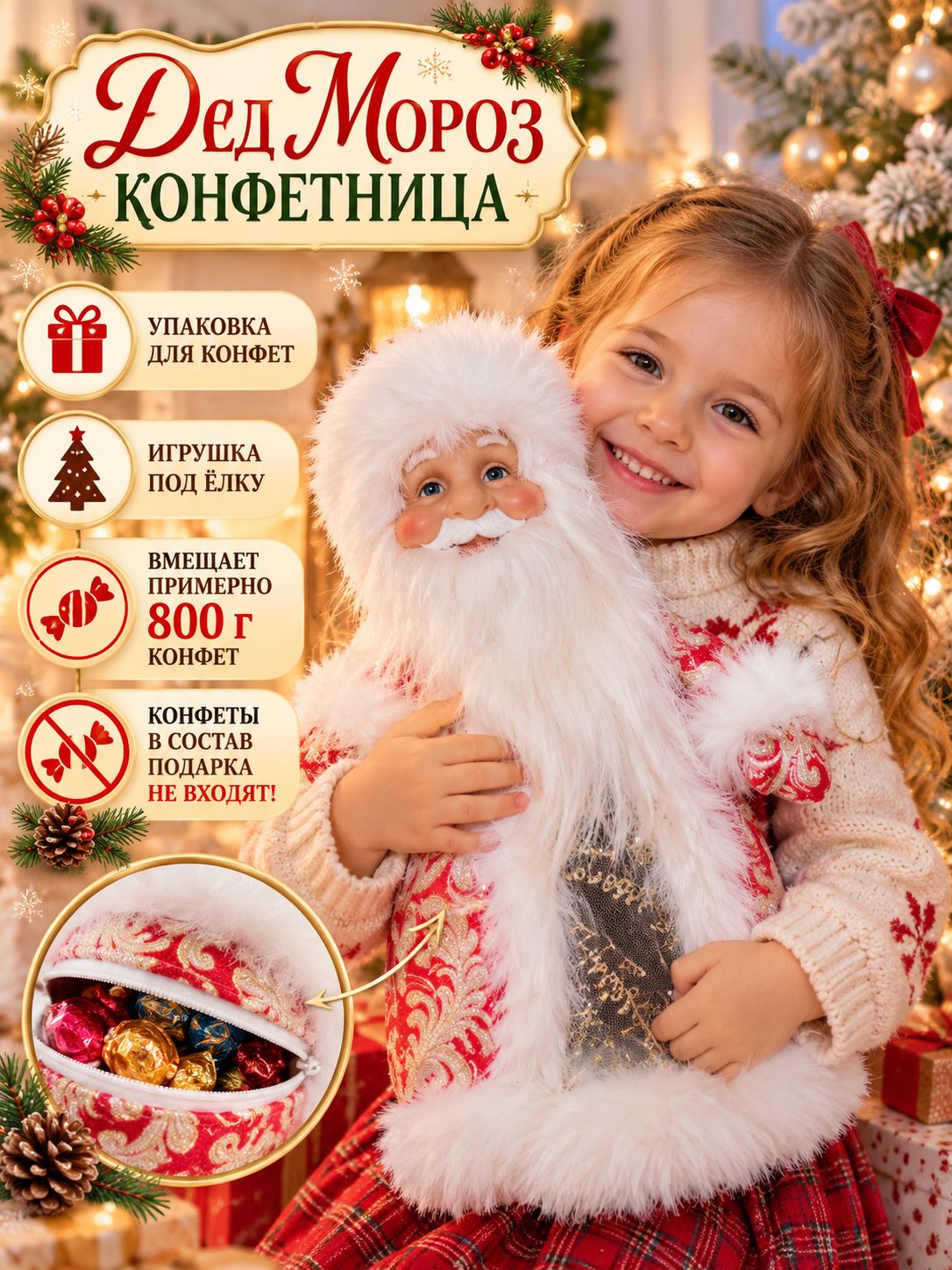 Дед Мороз под елку в красной шубе/ Конфетница-игрушка. Для сладких подарков и сувениров. Высота 33 см