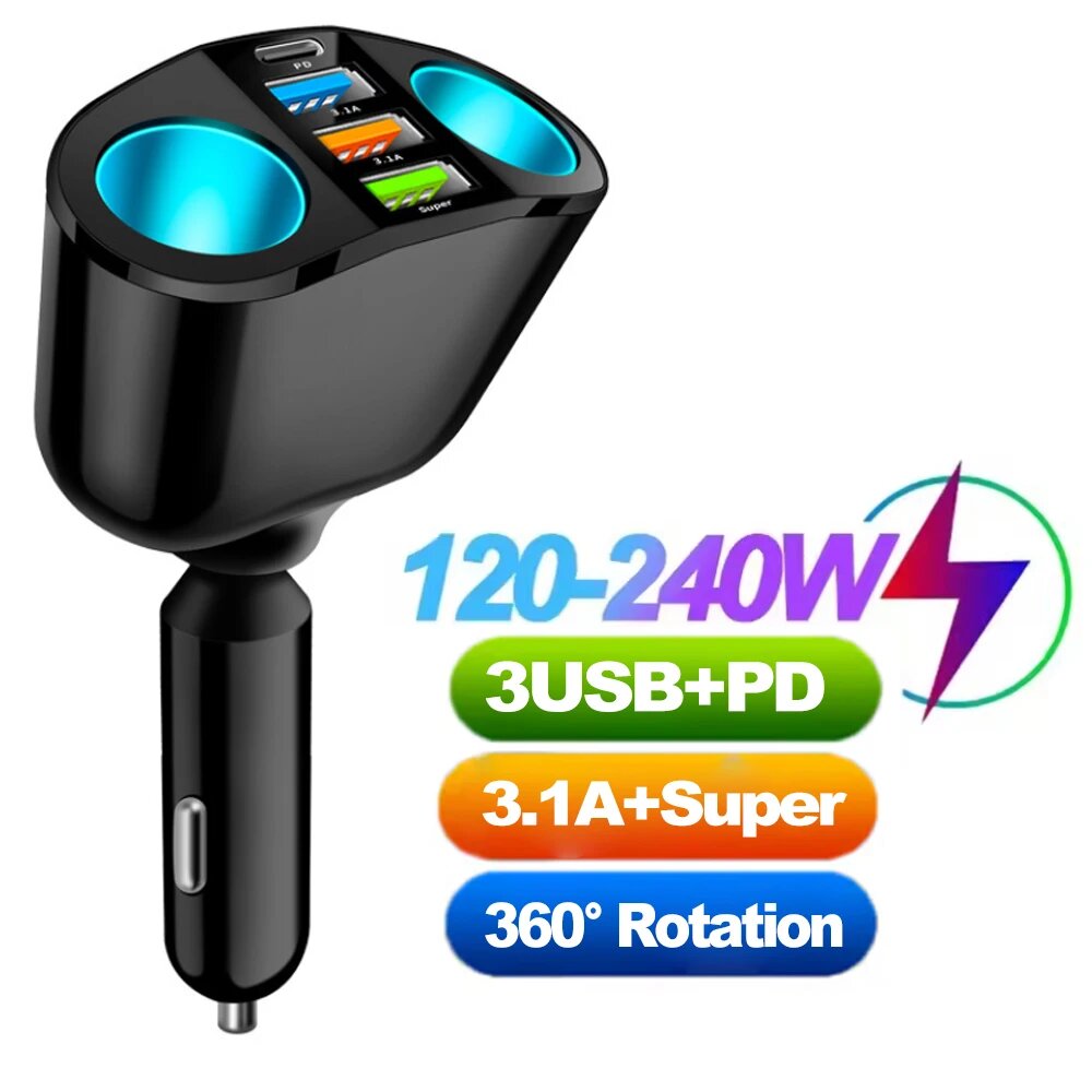 Автомобильный адаптер 120-240W 3USB+PD 360°