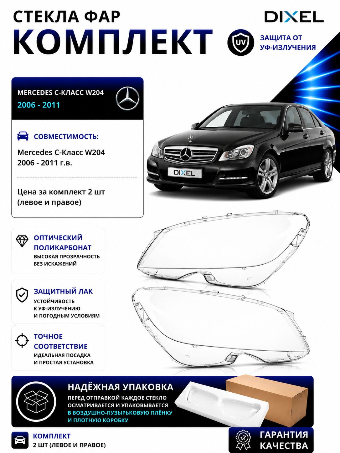 Стекла фары для Mercedes C W204 2006-2011 Комплект / Стекла на Мерседес 204