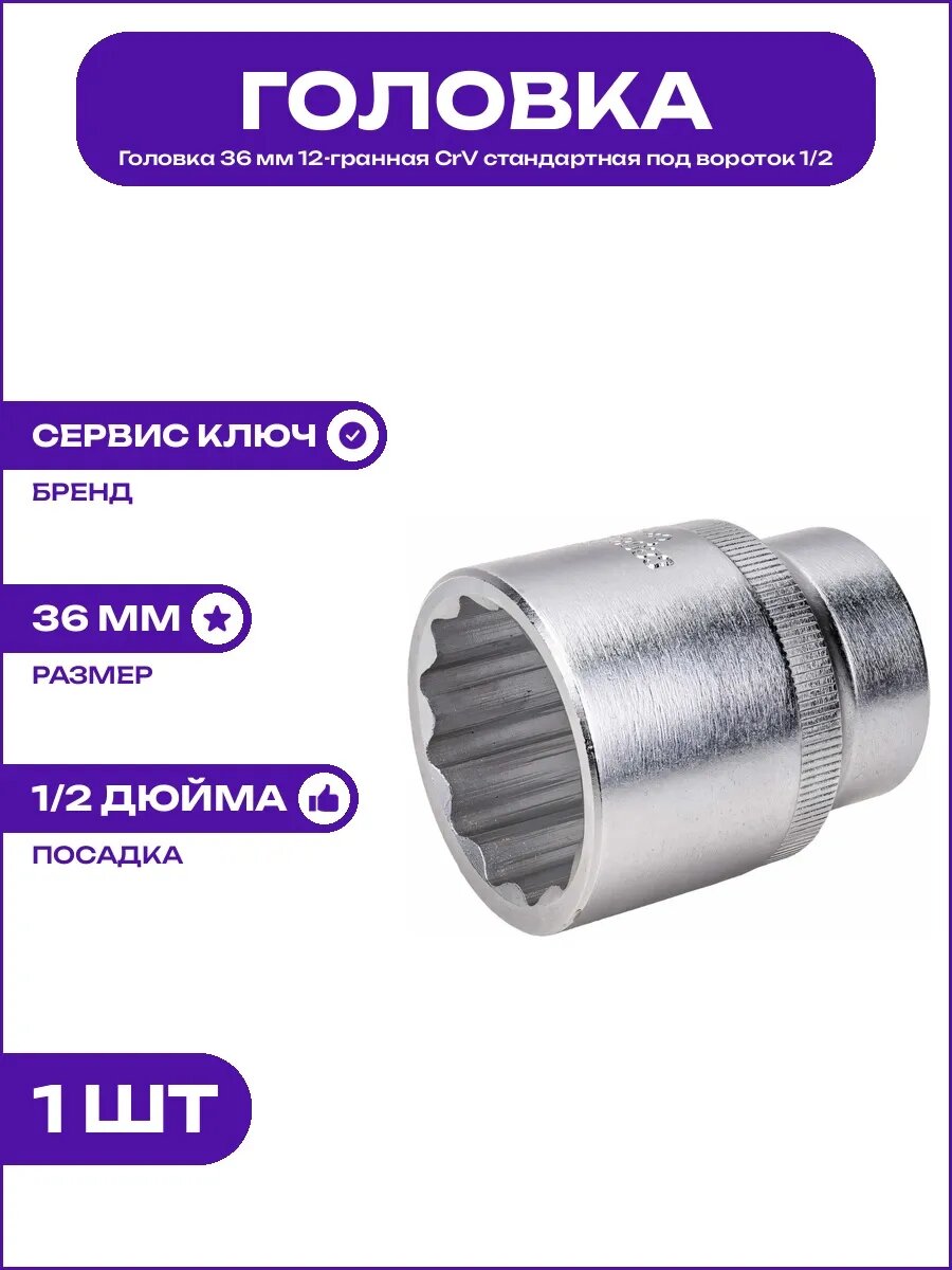 Головка торцевая 36 мм 12 граней CrV квадрат 1/2 дюйма 77636