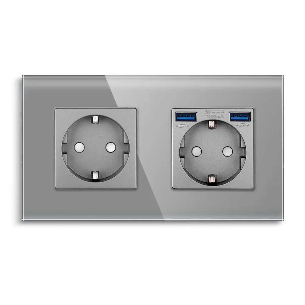 Розетка электрическая 2 поста с Usb и розеткой EU 250B 16A, цвет серая