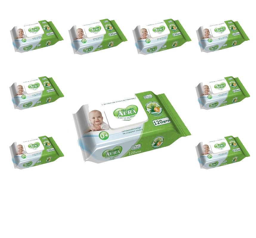 AURA Ultra Comfort Влажные салфетки для детей, с алоэ и витамином Е, 120 штук в упаковке, 9 уп/