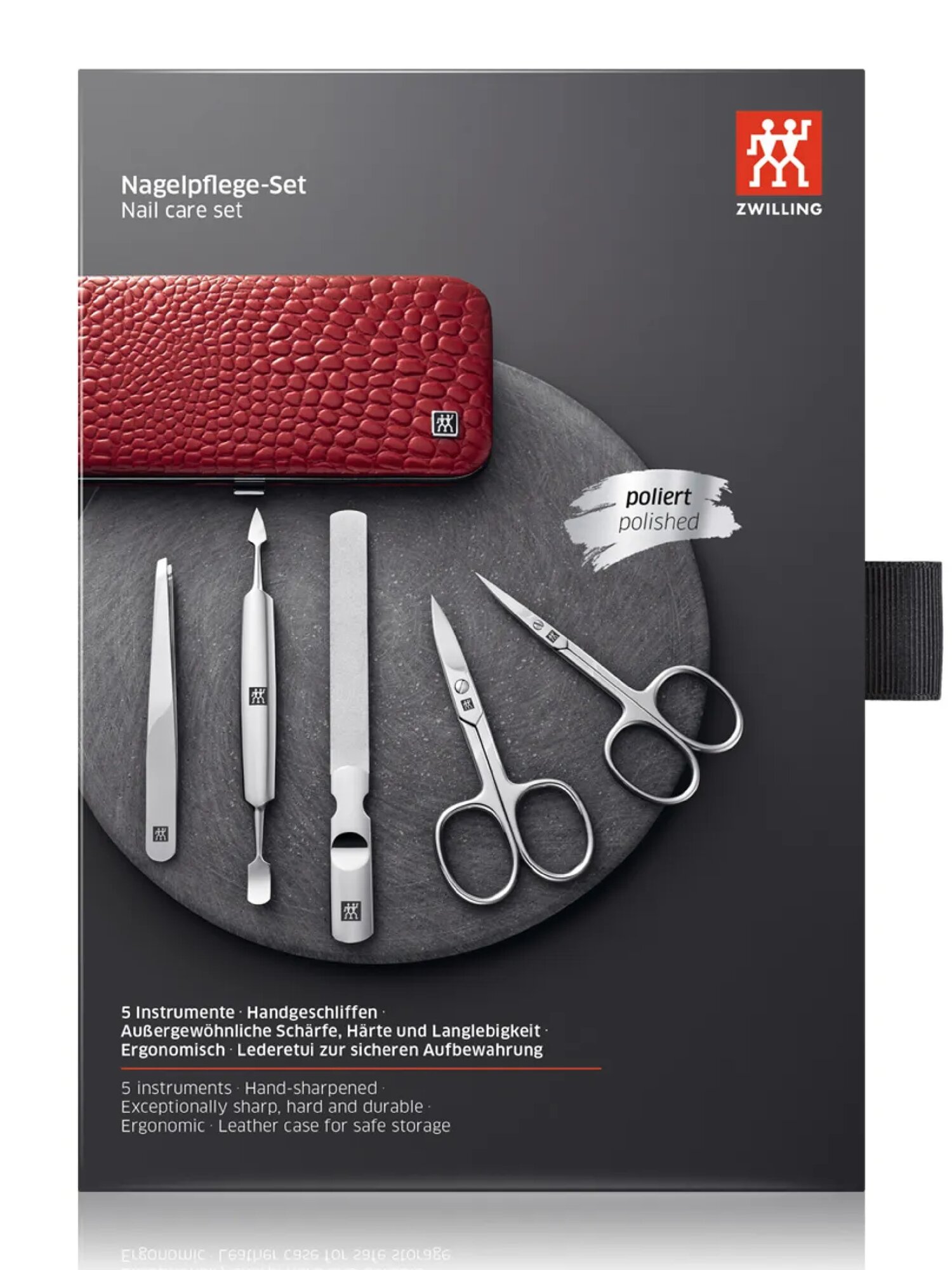 Маникюрный набор ( 5 предметов) в кожаном чехле (цвет красный), Zwilling Classic Inox Rahmeneui, Германия