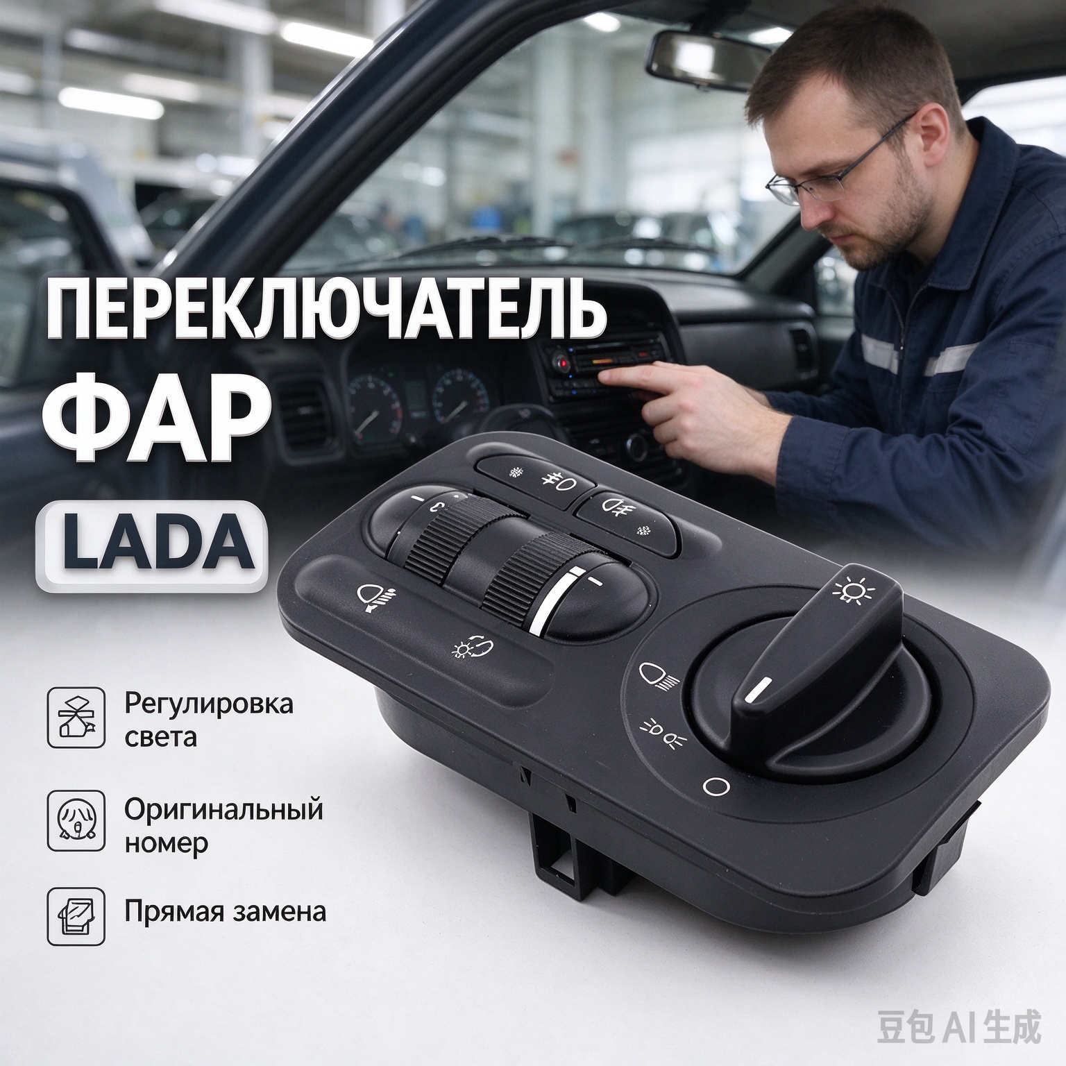 Переключатель света фар, A21R23.3769010-10, для Лады, чёрный, с регулировкой подсветки и противотуманками, 12В