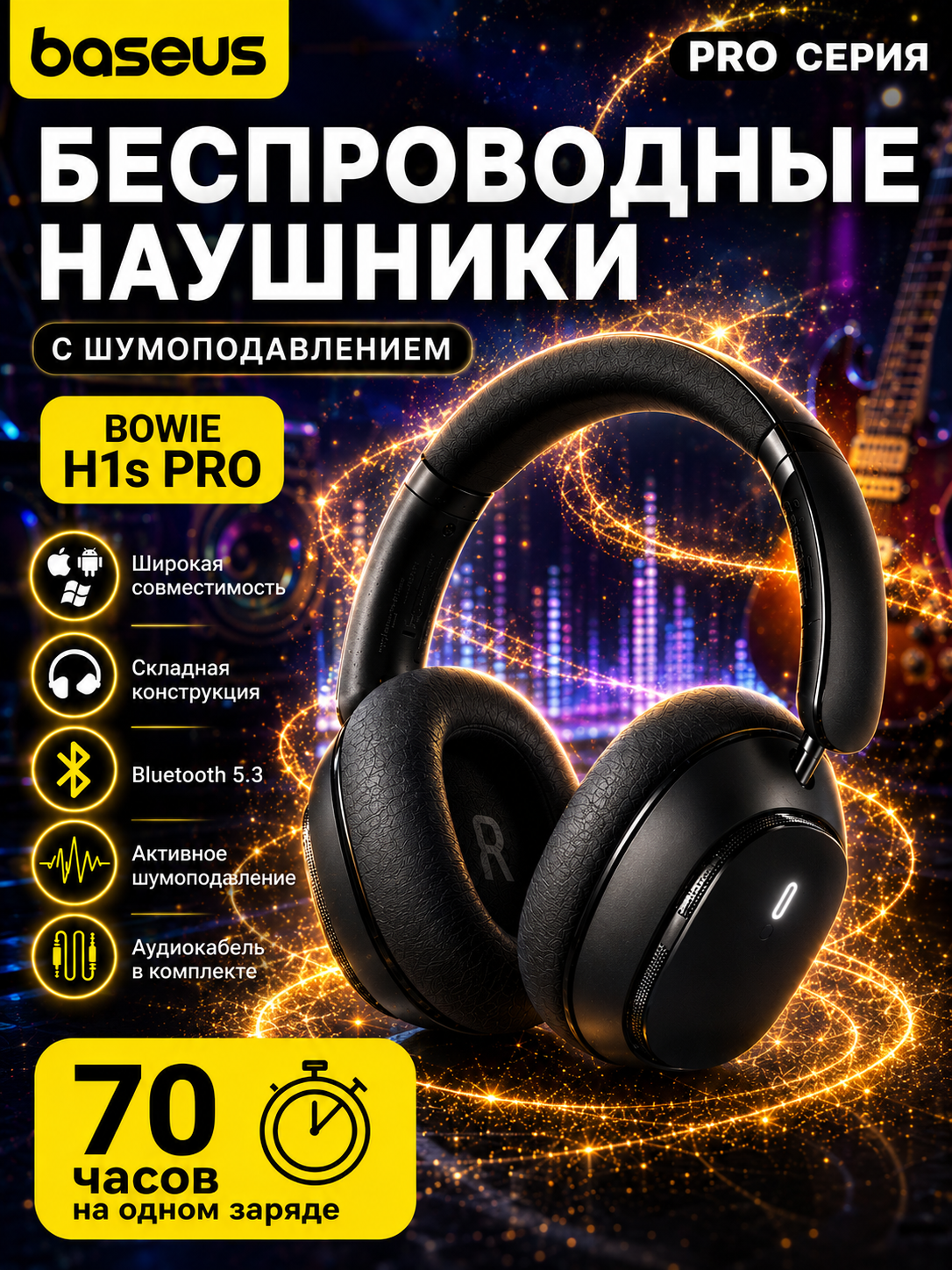 Беспроводные наушники Baseus Bowie H1s Pro Noise Canseling / Накладные с шумоподавлением / черные