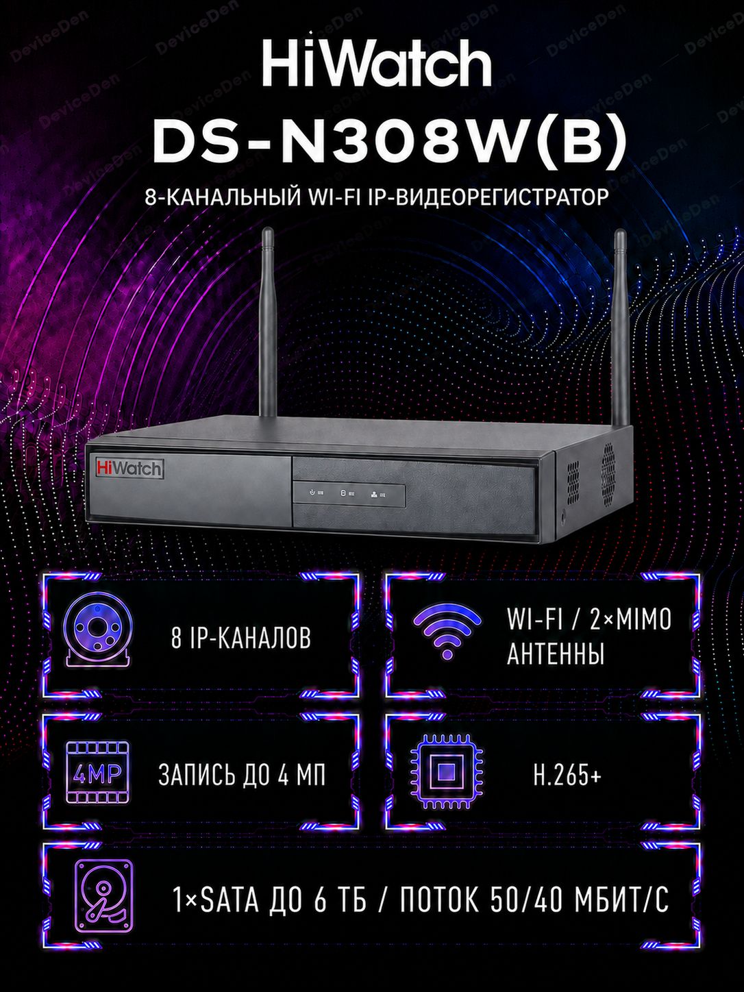 Hiwatch DS-N308W(B) - IP-видеорегистратор, 8 каналов, запись до 4 Мп, 1 SATA