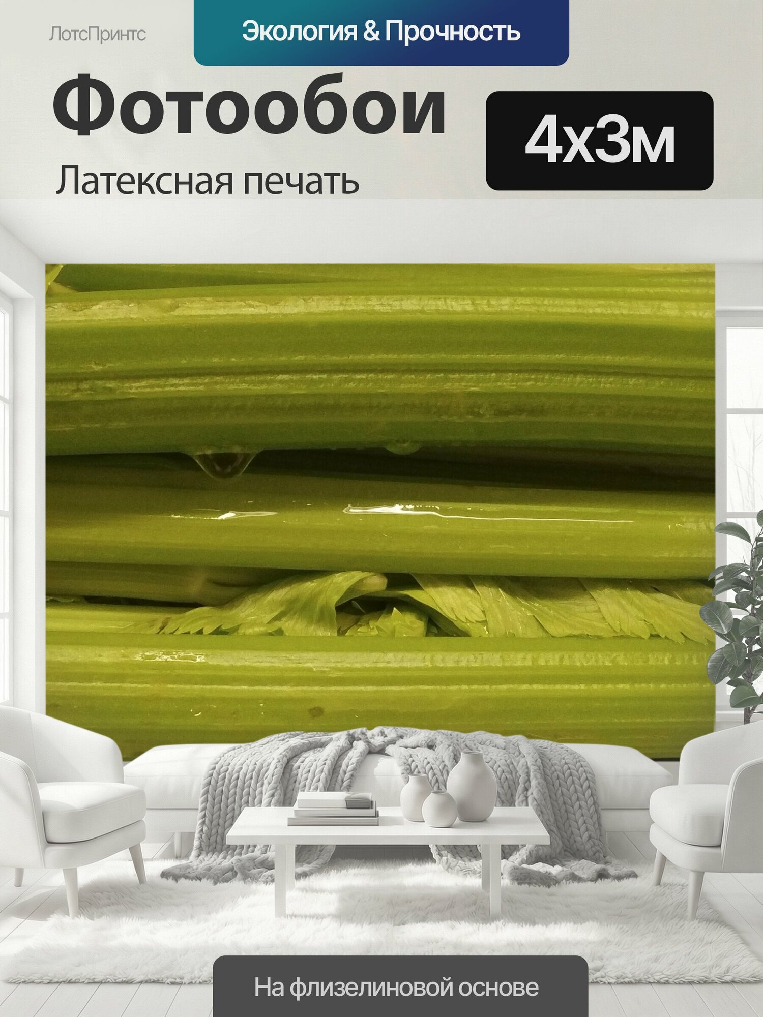 Фотообои моющиеся ударопрочные "Стебли сельдерея Сельдерей, мокрый и сгруппированы для продажи сельдерей гроздь мокрый зеленый крупным планом" 400x300 см. латексная печать