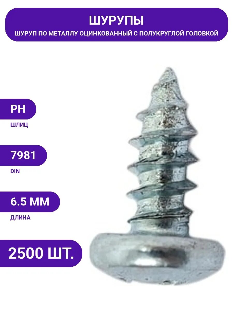 Крепёж для металла: шуруп 2.9х6.5 PH, оцинкованный, 2500 шт.