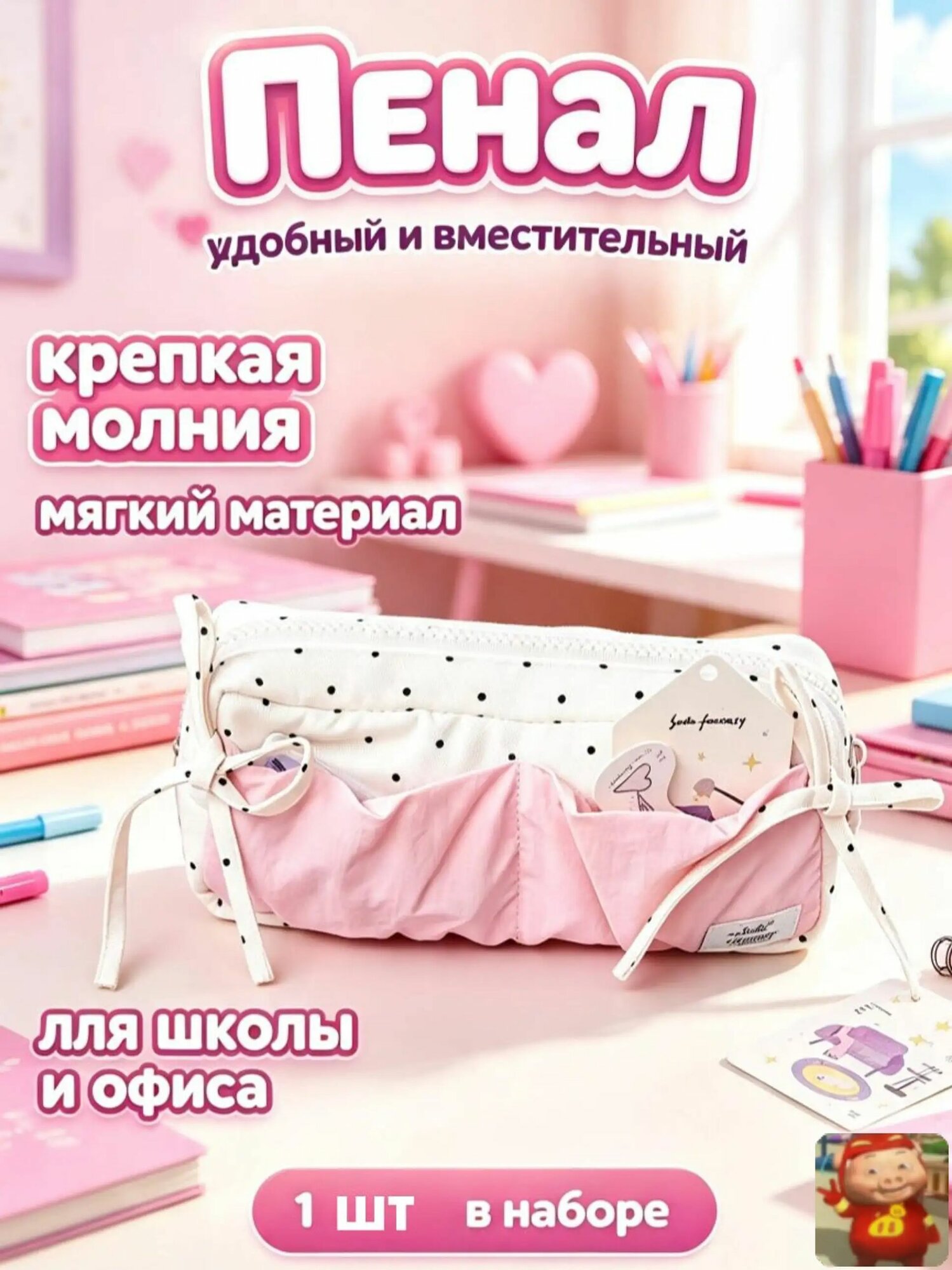 Пенал школьный для девочек подростков эстетичный с бантиками, удобный органайзер для канцелярии