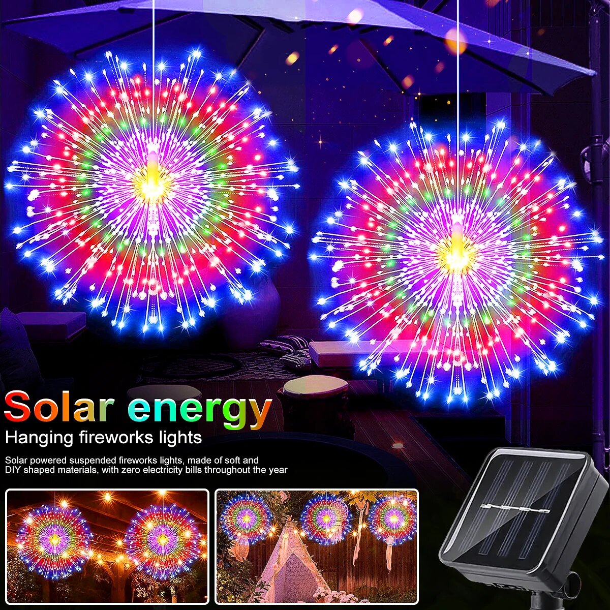 Солнечные гирлянды-фейерверки LED, 8 режимов Multicolor, 90Leds 8Modes