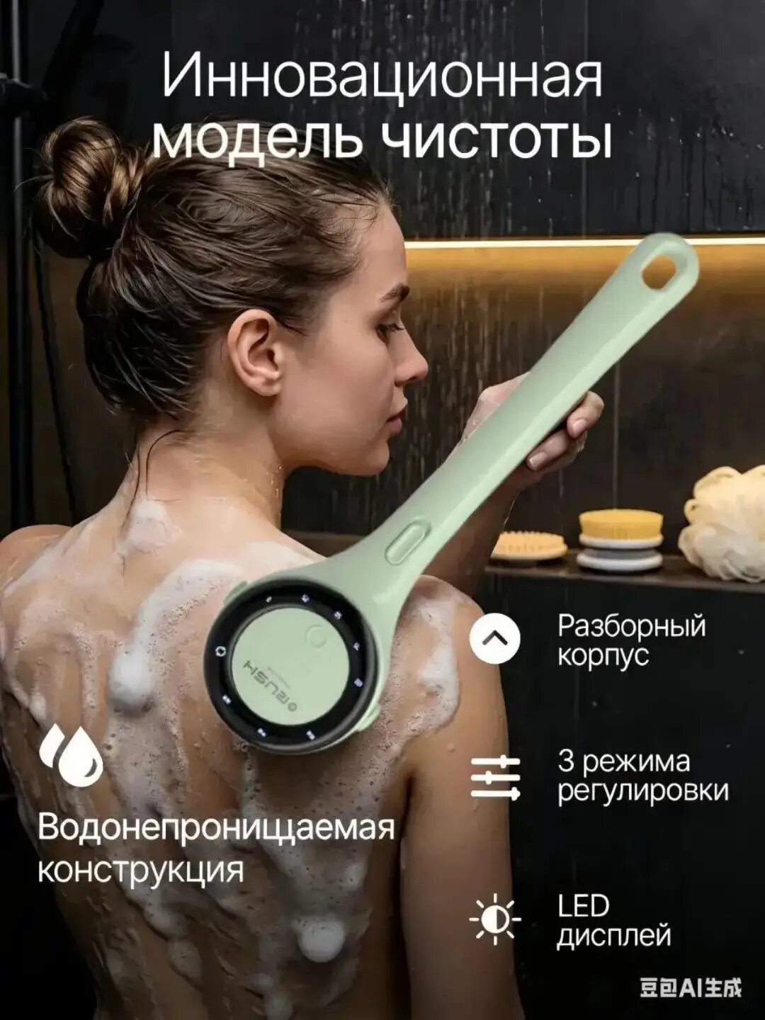 Водонепроницаемый массажер для кожи с функцией очистки в домашних условиях, применяемый в области спины, выполнен в портативном корпусе и предназначен для СПАпроцедур.