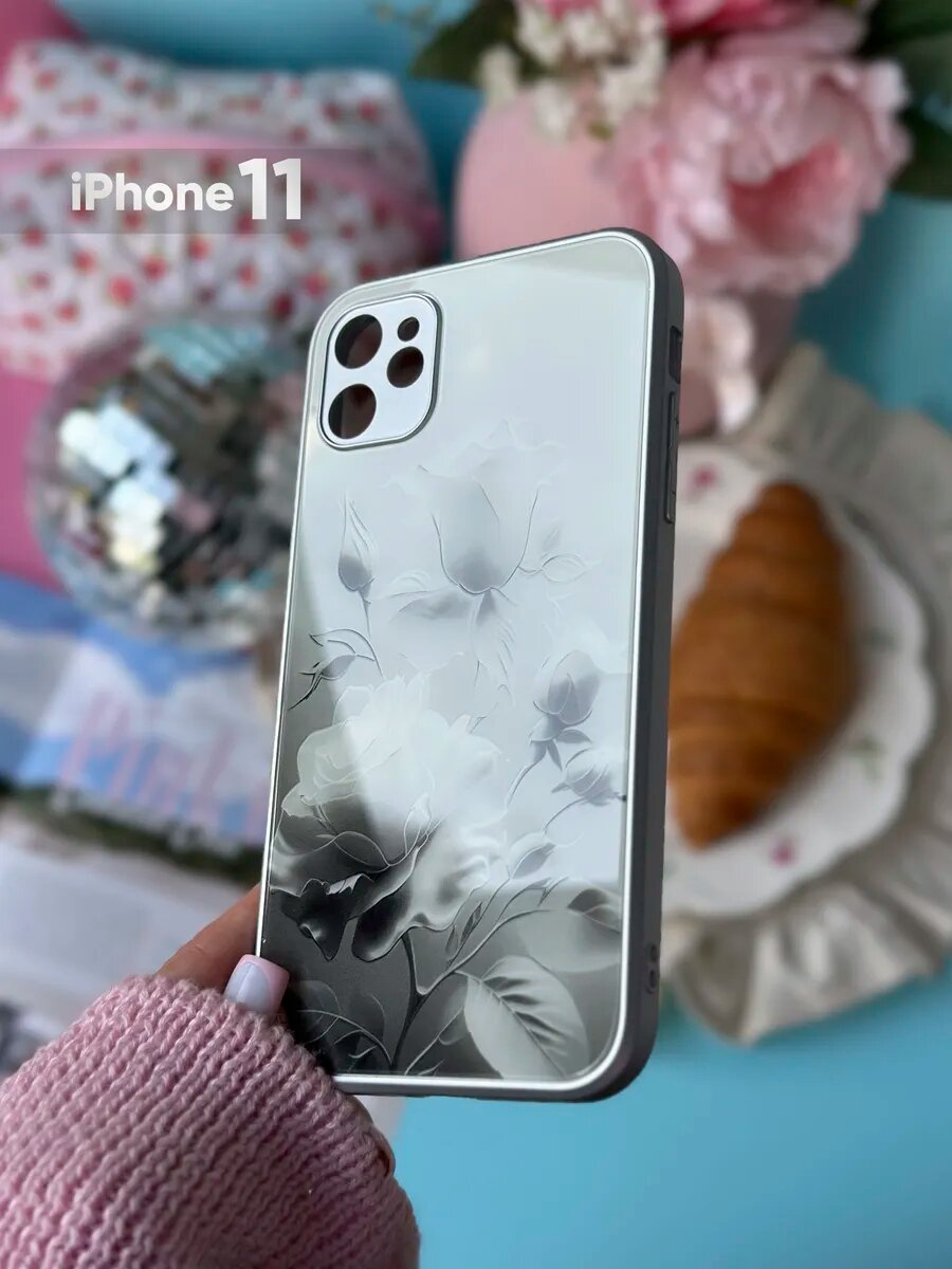 Чехол на iPhone 11 стеклянный с принтом, защитная накладка с эффектным дизайном и прочной поверхностью