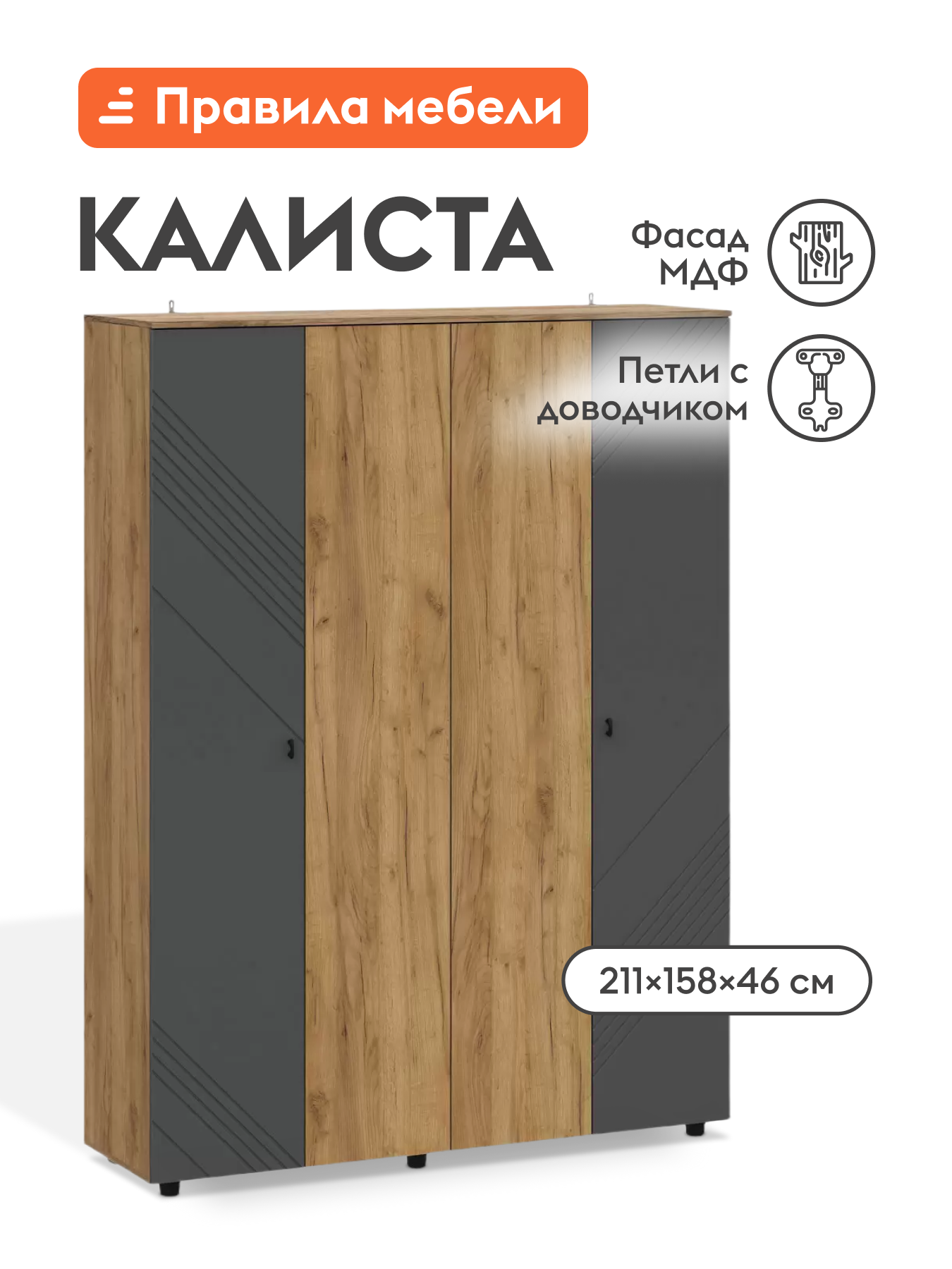 Распашной шкаф для одежды и хранения вещей Калиста Макси с полками, со штангой, 158.4х46.4х210.6 см, Дуб золотой / Графит