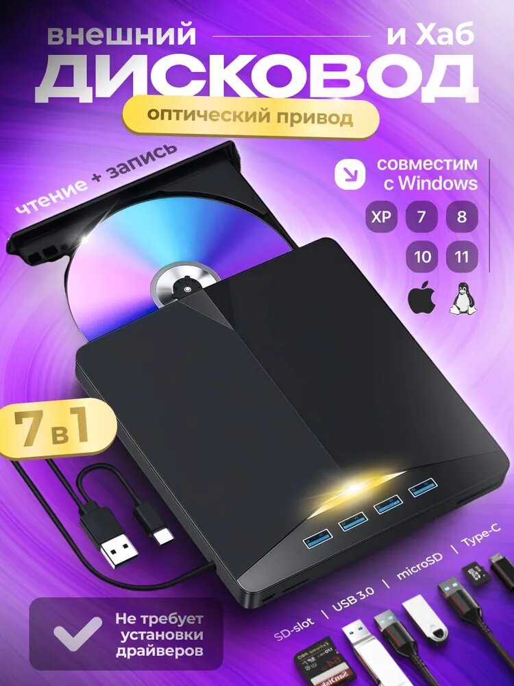 Внешний оптический привод, для компьютера и ноутбука, поддержка cdrw и dvd, usb и typec, чтение и запись дисков, универсальный, простое подключение