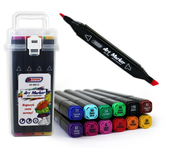 ART MARKER "ASMAR' ( скетчмаркер) двухсторонние 12 цветов, пулевидный и скошенный наконечник