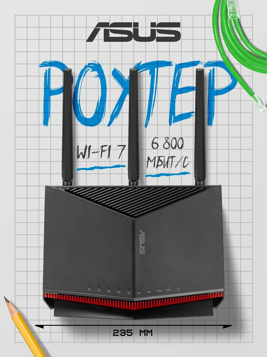 Беспроводной маршрутизатор ASUS RT-BE86U 802.11 a/b/g/n/ac/ax/be 2,4 ГГц и 5ГГц USB 3.2, USB 2.0