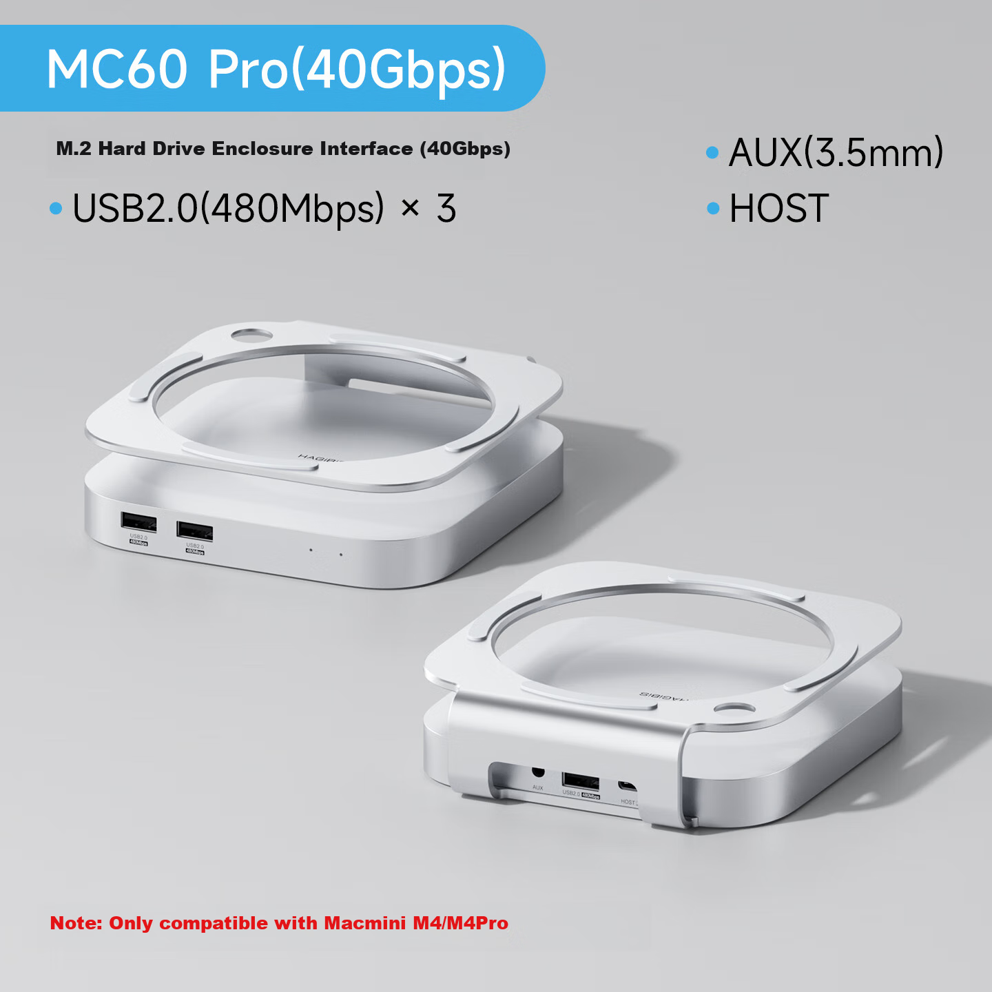 Hagibis Расширительный док-станция для Mac mini M4 с поддержкой 40Гбит/с USB4 и настольной подставкой Цвет：40G MC60Pro