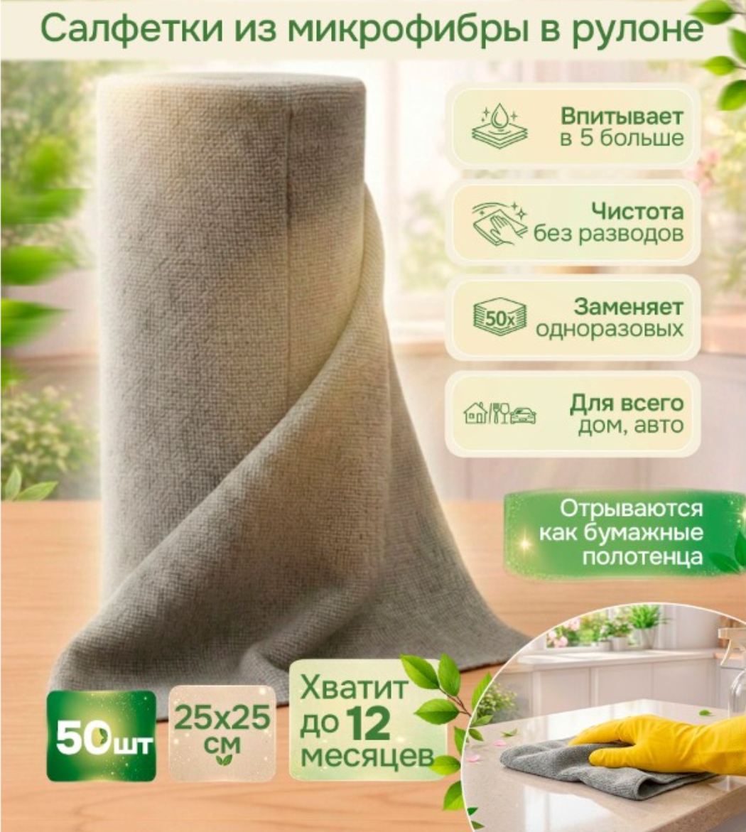 Микрофибра в рулоне многоразовые для уборки 50 шт