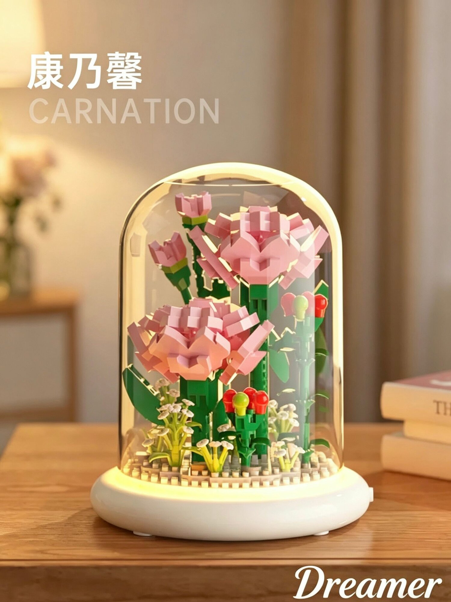 3D конструктор цветы Гвоздика в колбе с подсветкой, ночник. Набор из 770 деталей. Подарок на 8 марта для девочки, мамы.