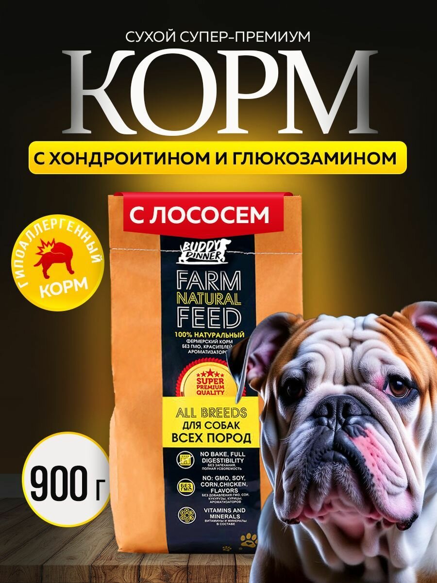 Корм сухой для собак всех пород BUDDY DINNER Супер Премиум класса Gold Line гипоаллергенный, полнорационный, без добавок, 100% натуральный состав лосось 900 г натуральный корм гипоаллергенный с лососем без добавок
