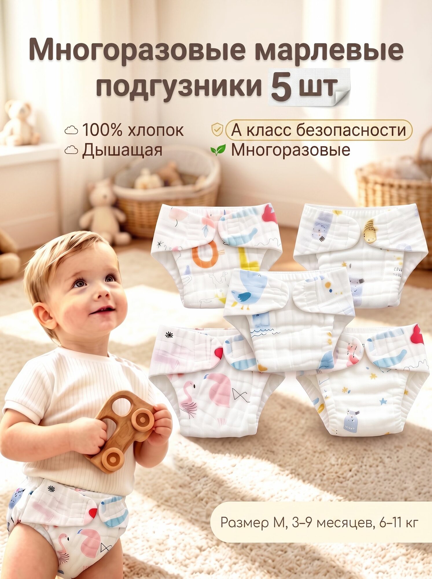 Детские моющиеся хлопковые марлевые подгузники (мультяшный узор 5шт, размер M, 3-9 месяцев) детские подгузники хлопковые марлевые моющиеся мультяшный принт