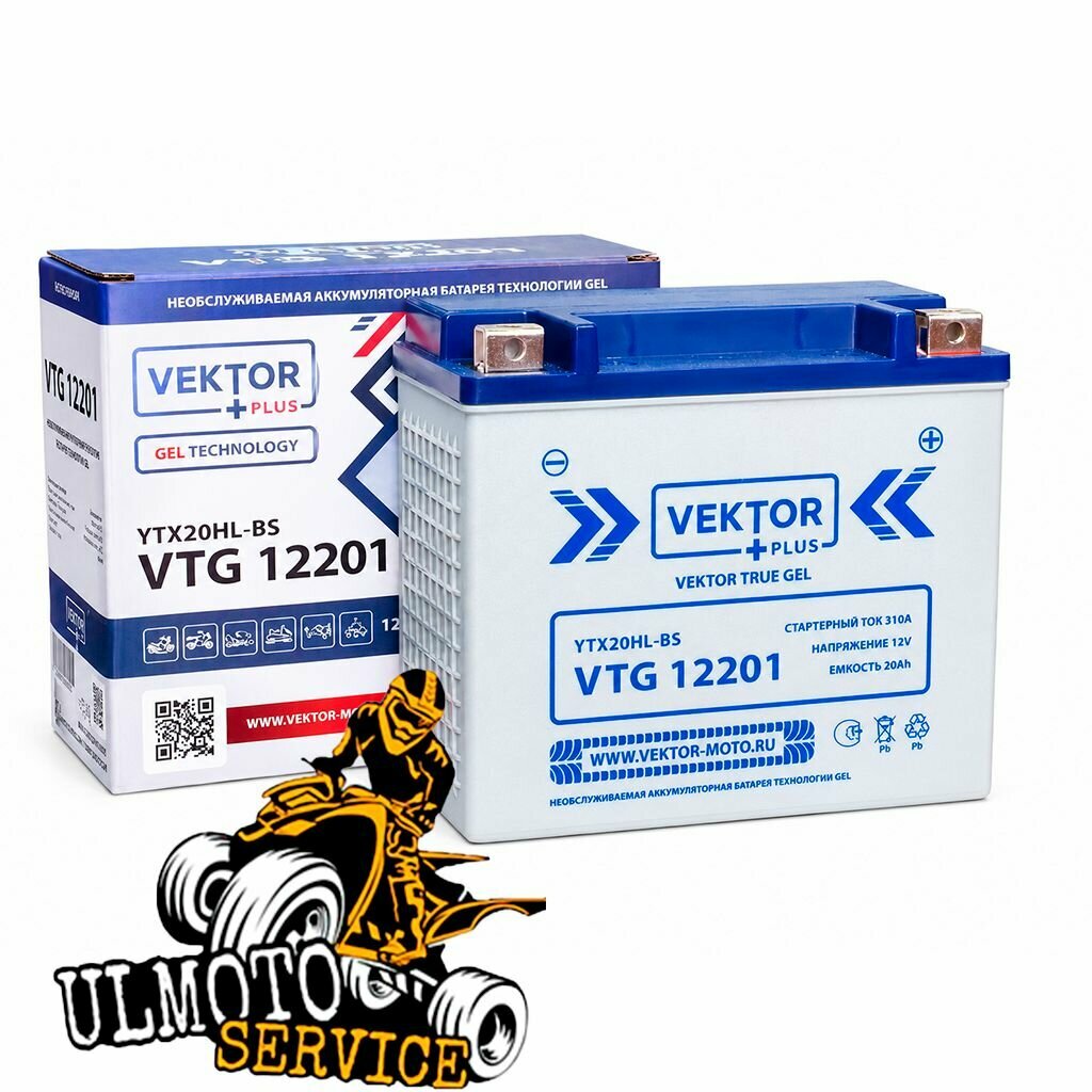 Аккумулятор для мототехники VEKTOR PLUS VTG 12201 GEL 12 В 20 Ач 310 А, YTX20L-BS