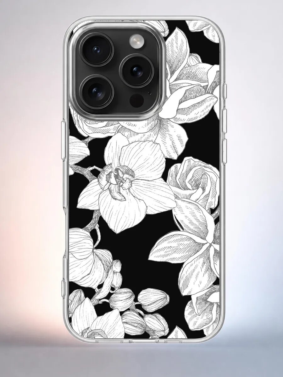 Чехол iPhone 15 Pro орхидеи скетч силиконовый прозрачный