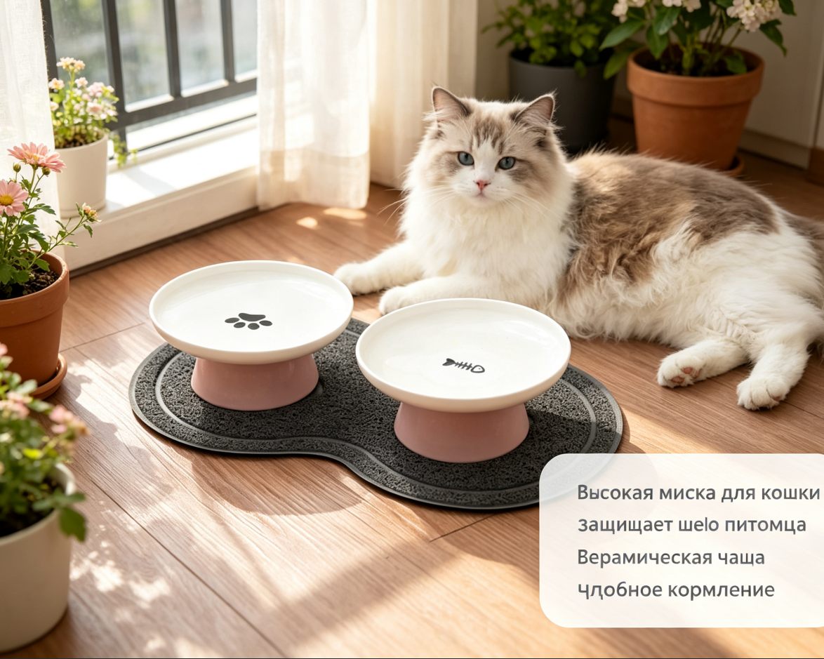 Высокая керамическая миска для кошек, защита шеи, миска для корма с принтом когтя‑лапы и рыбьей кости, несколько цветов