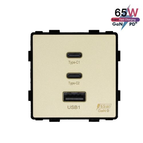Механизм розетки (без рамки) 3Usb C+C+A, быстрая зарядка 65W, Золотой