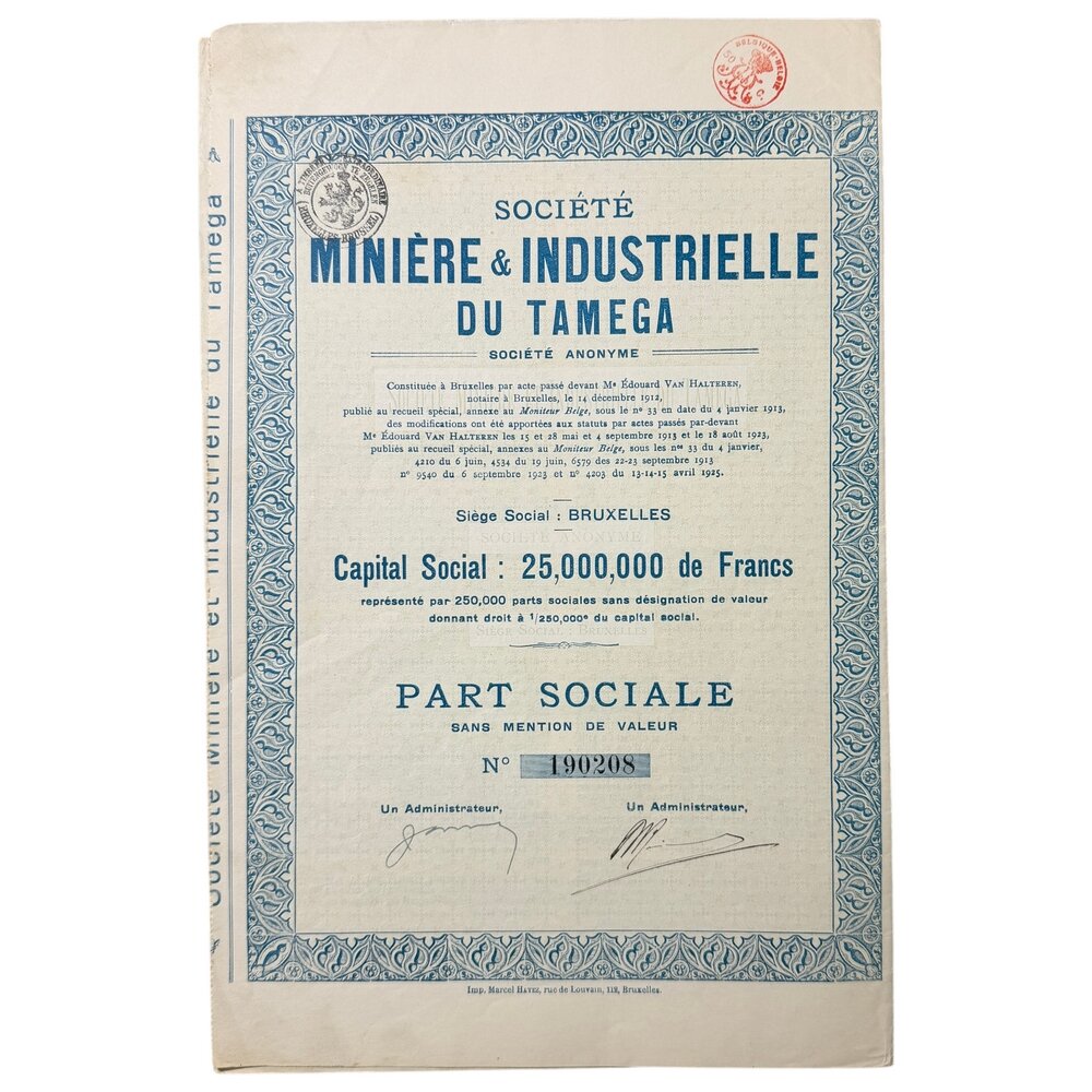 Бельгия, Miniere & Industrielle du Tamega, долевой сертификат акций 1925 г.