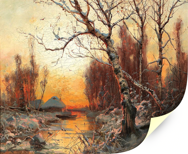 "Зимний пейзаж с березой в вечернем свете", Клевер Ю. Ю, картина для интерьера (репродукция) (90х74 см / без подрамника)