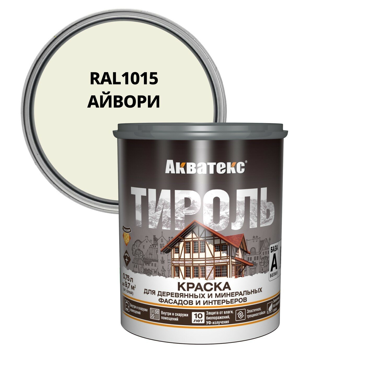 Краска фасадная Акватекс Тироль, матовая, 0,75 л, RAL 1015, айвори