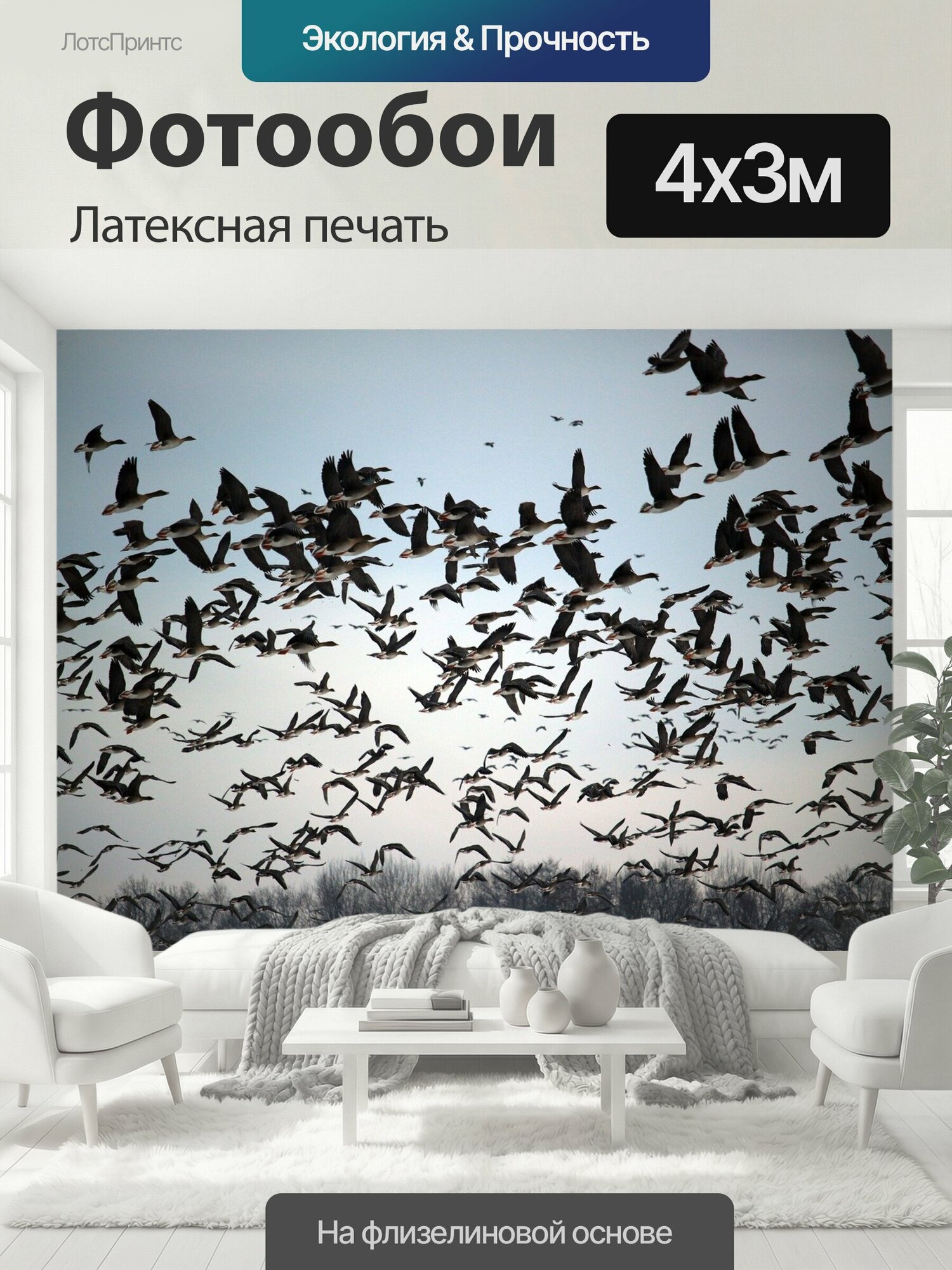 Фотообои моющиеся ударопрочные "Дикие гуси, стая птиц, зима" 400x300 см. латексная печать