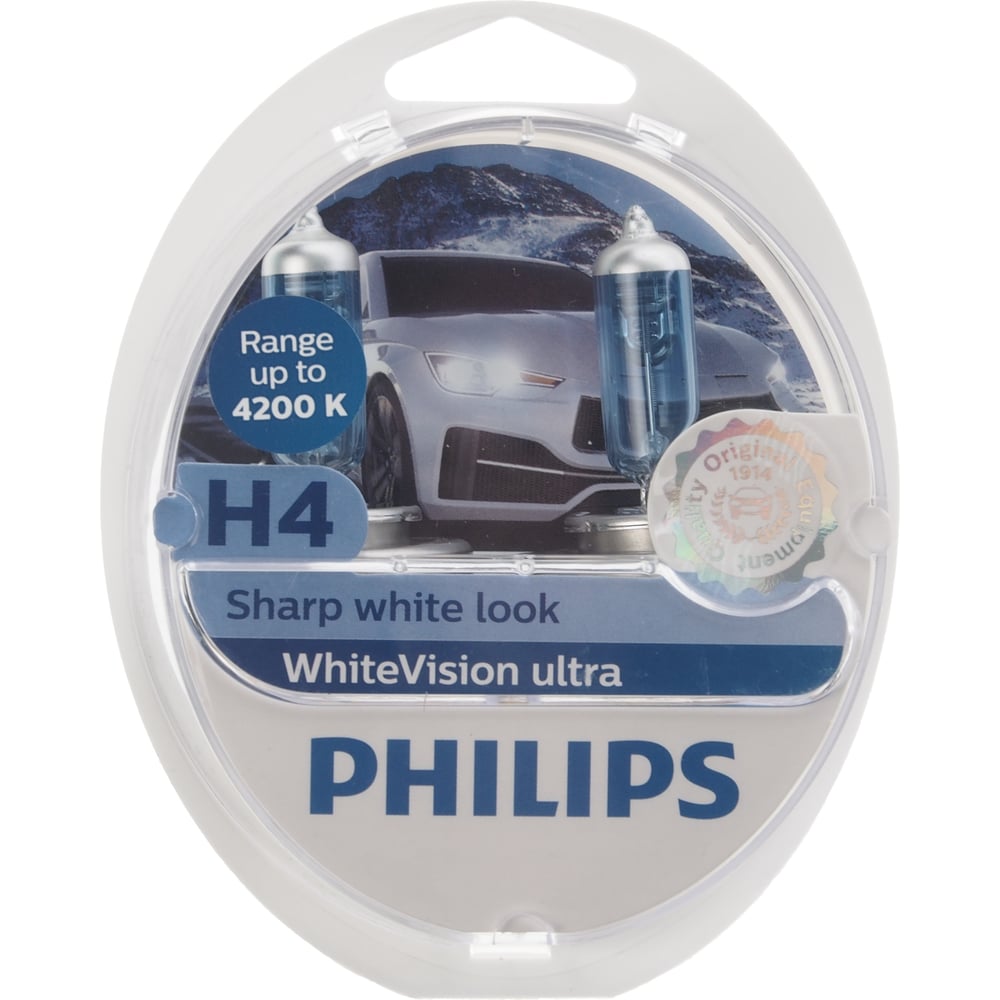 Автолампа PHILIPS H4 60/55 P43t-38 WhiteVision ultra 4200K 2шт+2шт W5W 12V 12342WVUSM