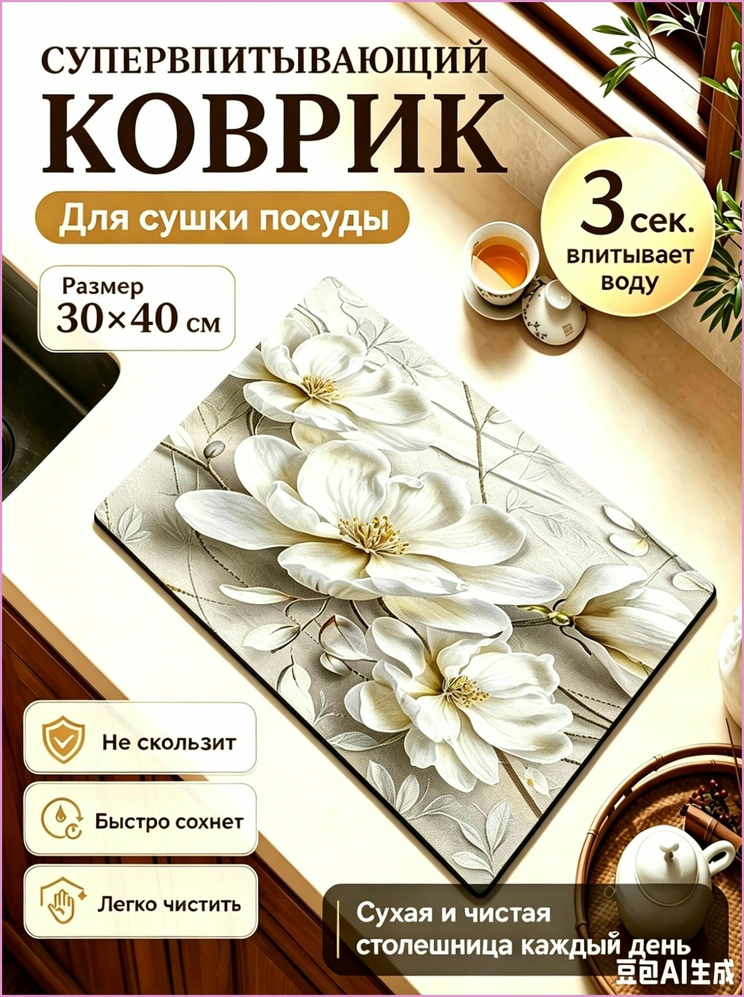 Сушилка для посуды 30 см x 40 см 1 шт диатомовый ил белый