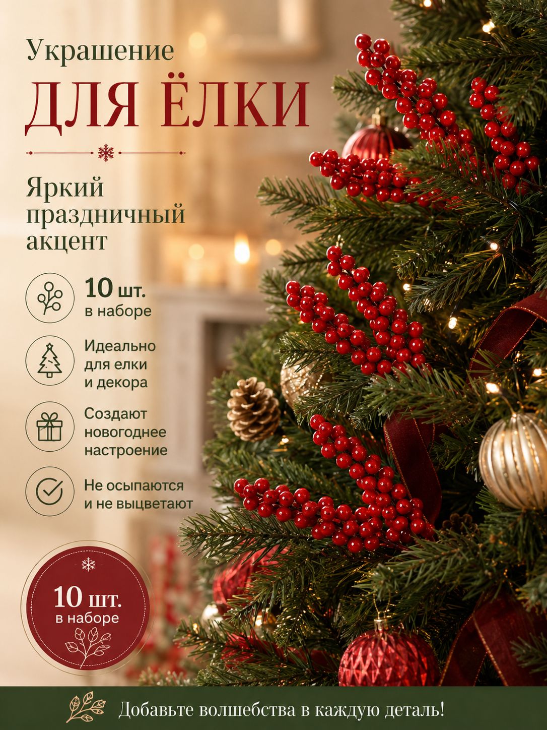 Ветка, шишка декоративная 10 шт малиновый