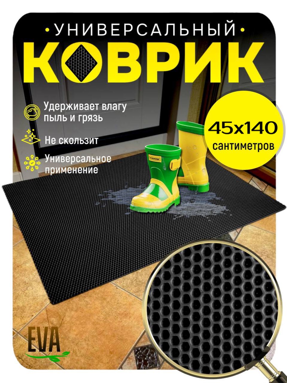 Тканс Коврик придверный 45x140 см 10 мм соты черный