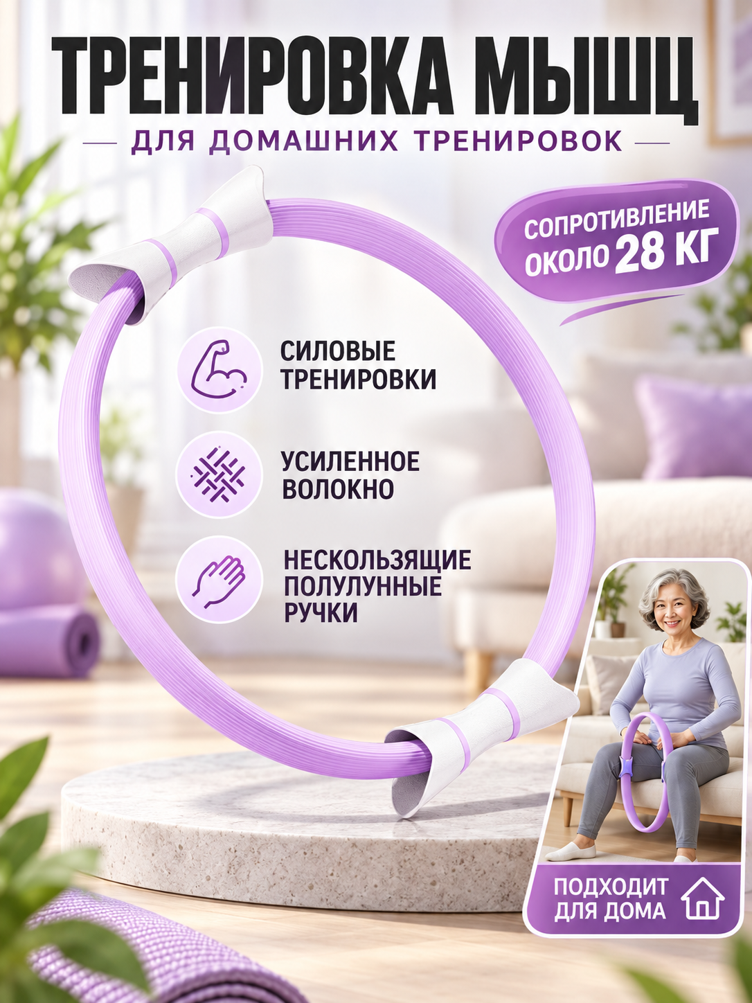 Кольцо для пилатеса черное, фитнес тренажер для тренировки мышц дома, усиленное волокно и нескользящие полулунные ручки