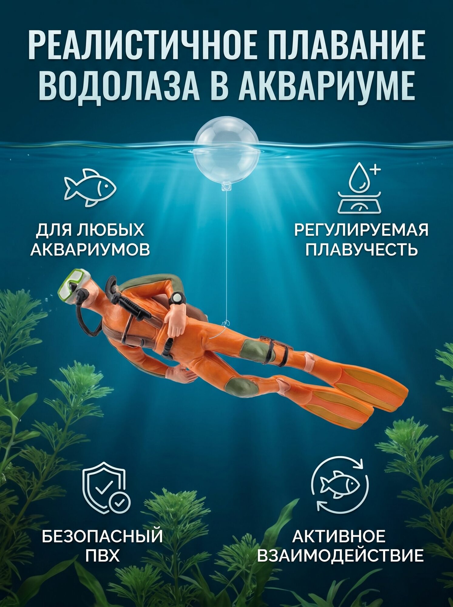 Фигурка аквалангиста для аквариума, оранжевый, с поплавком и шаром, плавающая, из ПВХ, 12.54 см