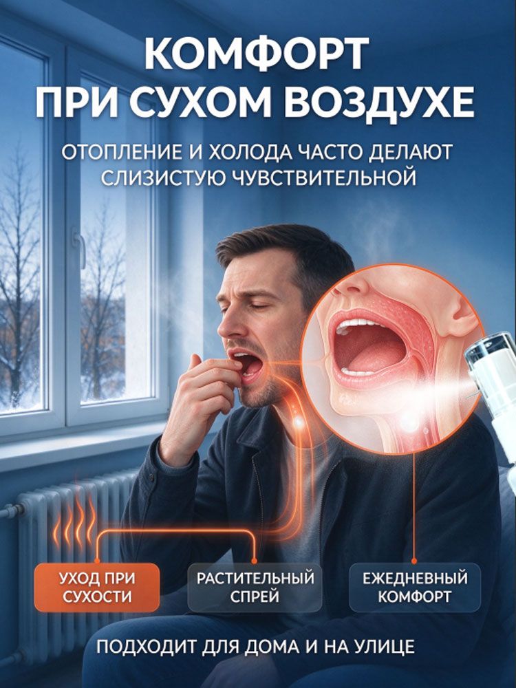 Растительный спрей для полости рта 30 мл, создание комфорта при сухом воздухе от отопления, увлажнение слизистой горла