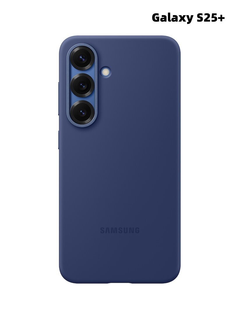Samsung Galaxy S25+ с защитным силиконовым чехлом темно-синего цвета EF-PS936CNEGCN