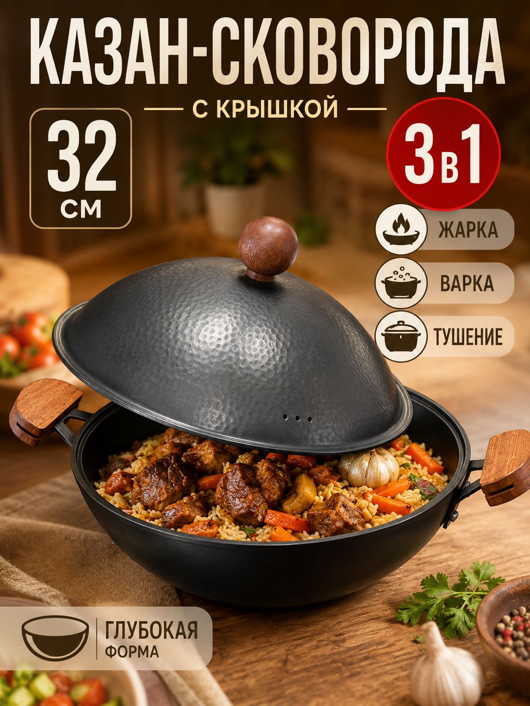 Казан 32 см 6 л с крышкой 1 шт чугун, Артикул: 5746576183, Цвет: Черный матовый