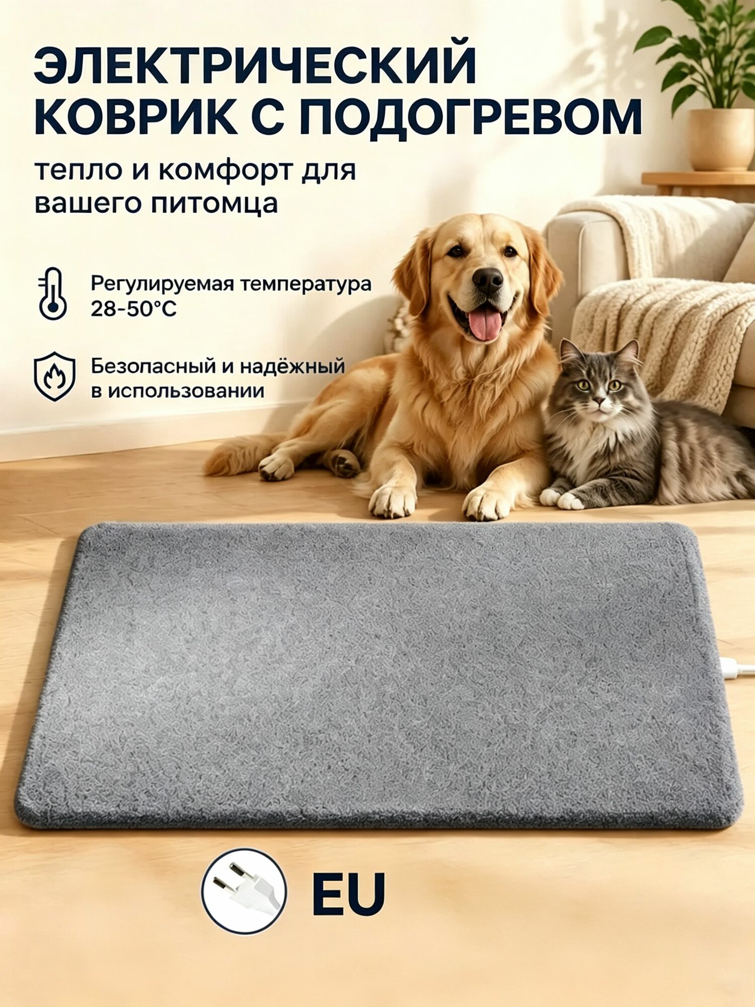 Электрогрелка для ног и тела (грелка) 60x90 см, термоковрик, 9 режимов, серый, съемный чехол