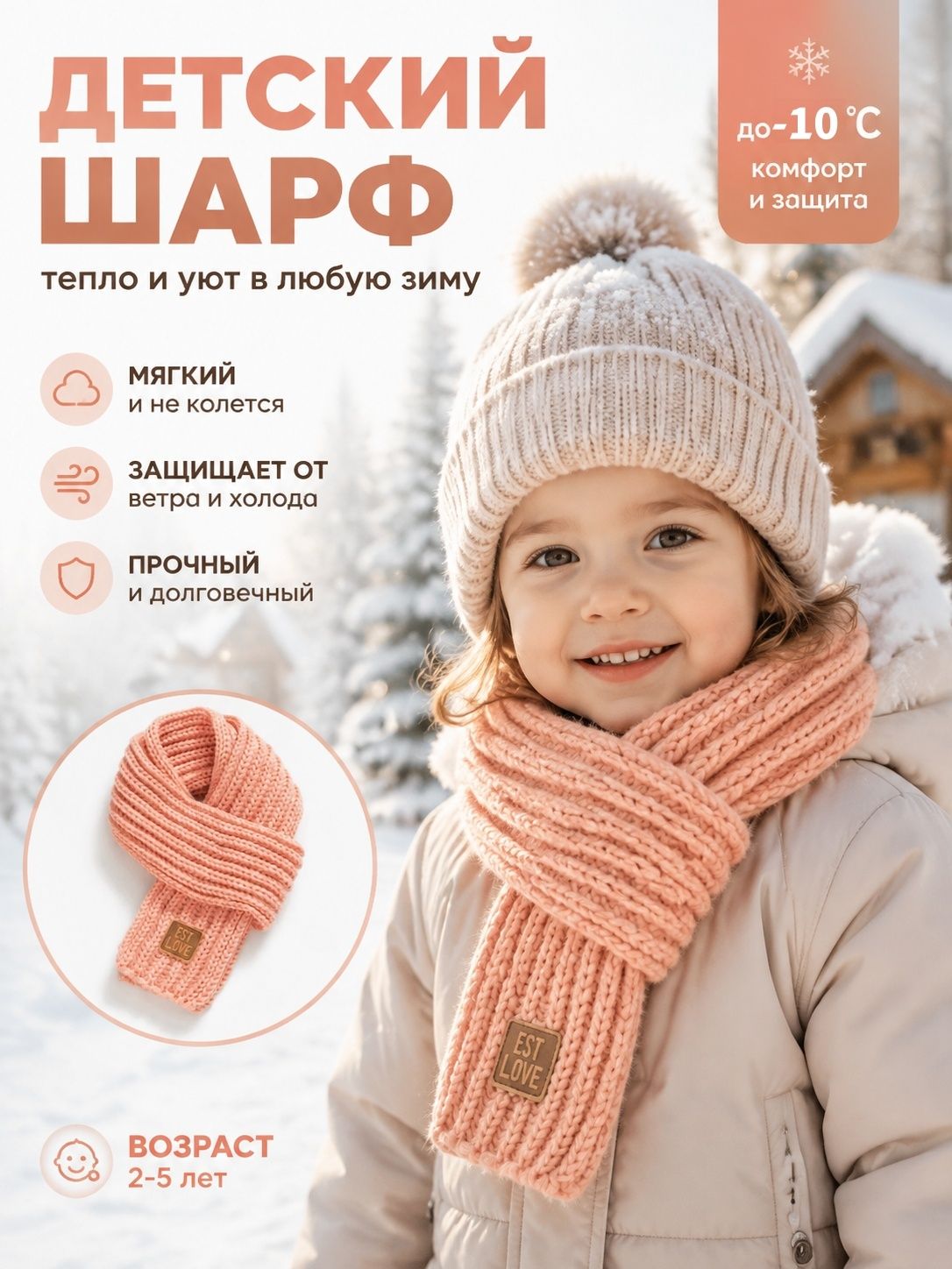 Шарф , 5 лет, розовый — фото 1