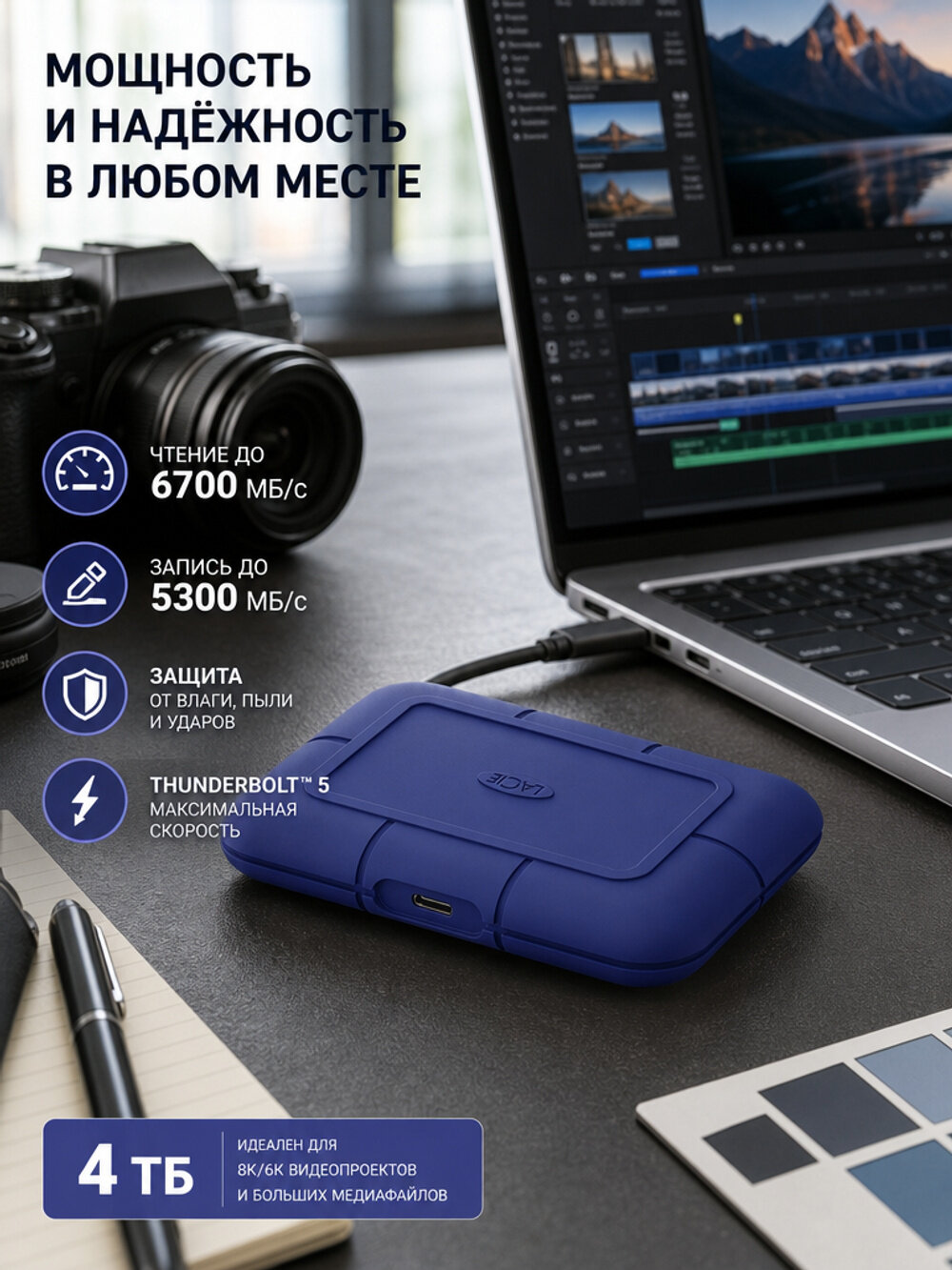Внешний SSD на 4 ТБ Rugged Pro5 с Thunderbolt 5, чтение 6700, запись 5300 МБ/с