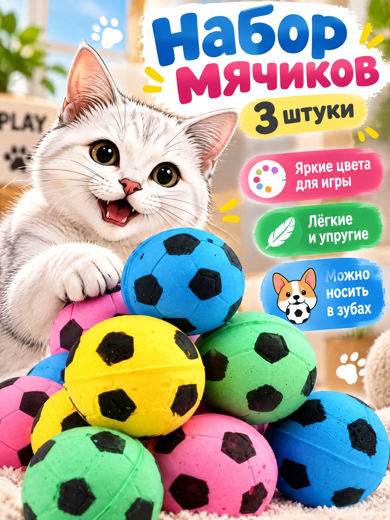Игрушка для животных мячики для кошки Футбольный мяч 3 штуки дразнилка мячик антистресс